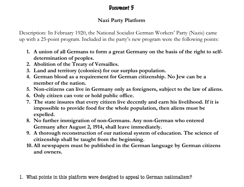 Solved Document 5 Nazi Party Platform Description: In | Chegg.com