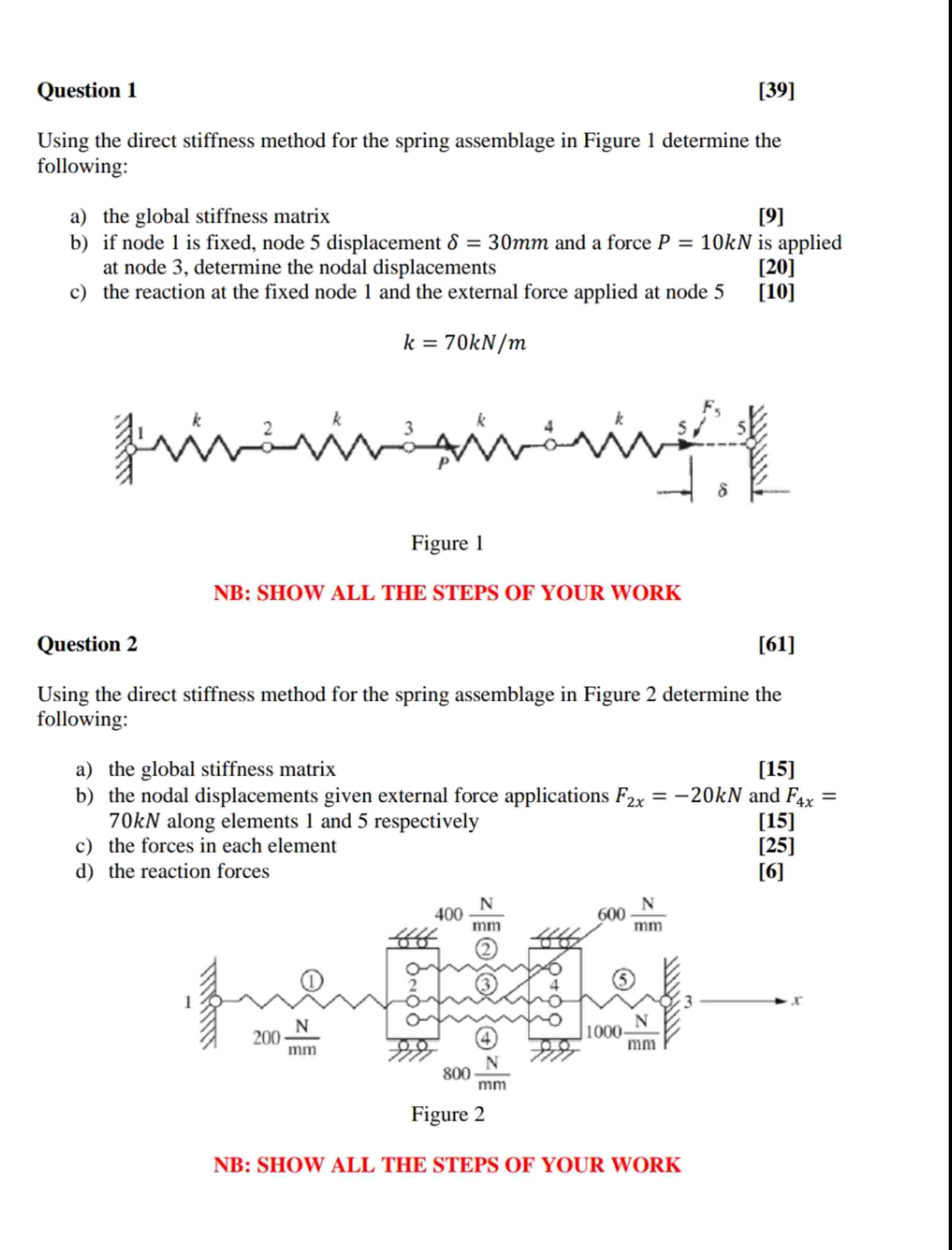 Solved Question 1 ﻿Using the direct stiffness method for the | Chegg.com