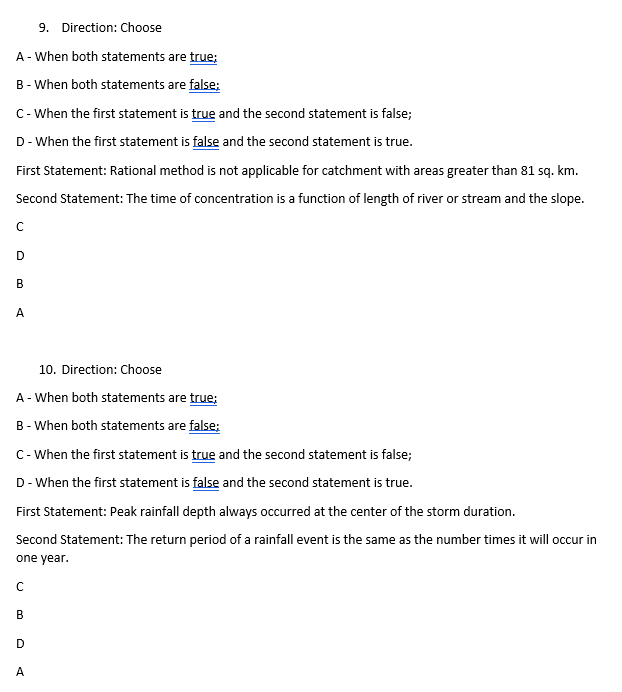 Solved 9. Direction: Choose A-When both statements are true; | Chegg.com