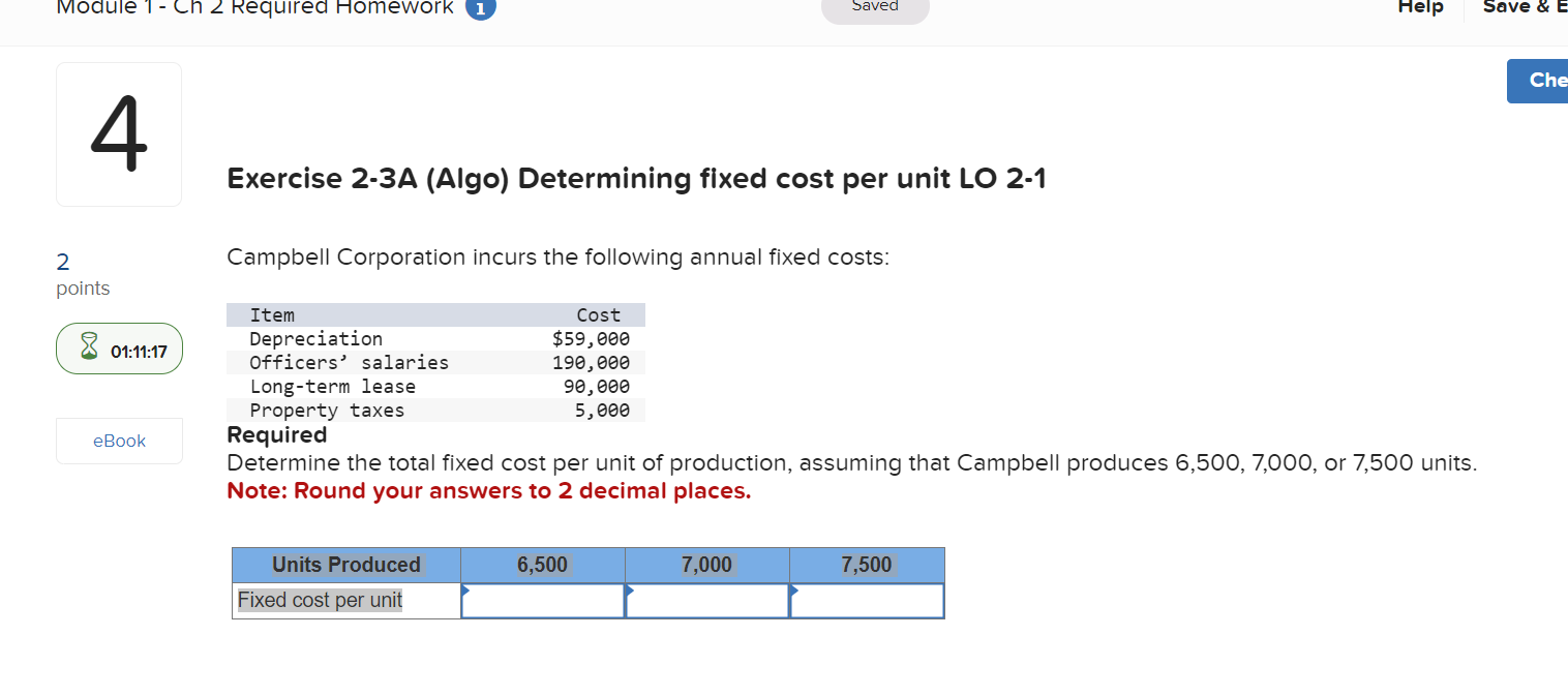Solved Exercise 2-3A (Algo) ﻿Determining fixed cost per unit | Chegg.com