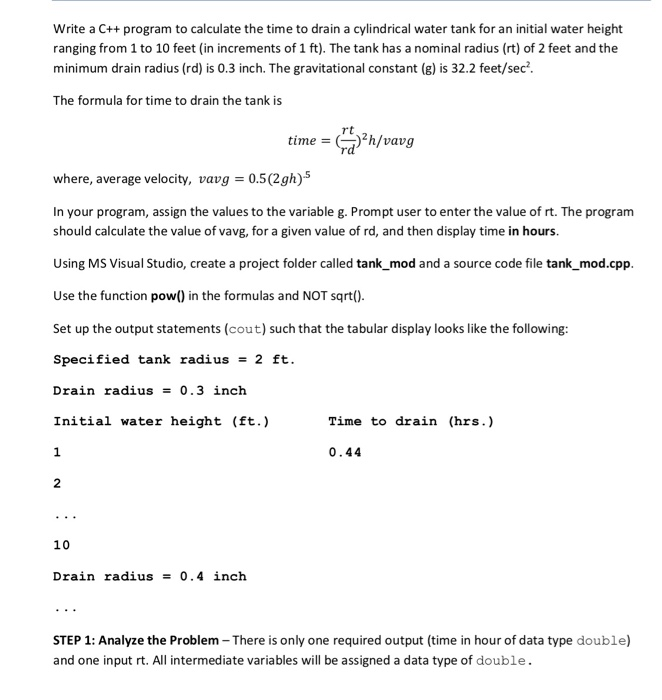 Solved Write a C++ program to calculate the time to drain a | Chegg.com