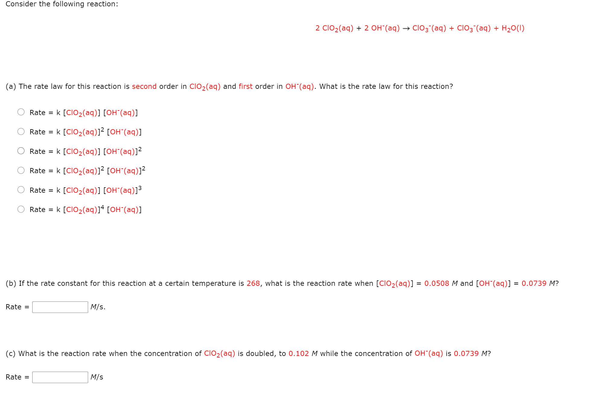 Solved Consider The Following Reaction 2 Clo2aq 2 