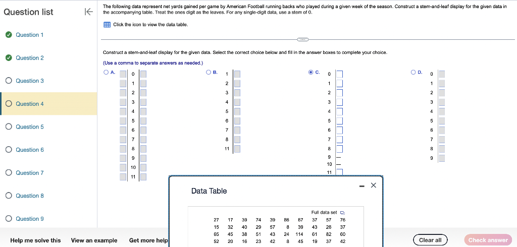 Solved The following data represent net yards gained per | Chegg.com