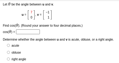Solved Let @ be the angle between u and v. -=[?] = { ] Find | Chegg.com