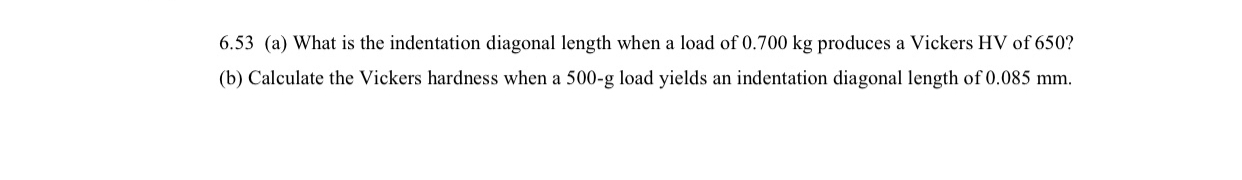 Solved 6.53 (a) What is the indentation diagonal length when | Chegg.com