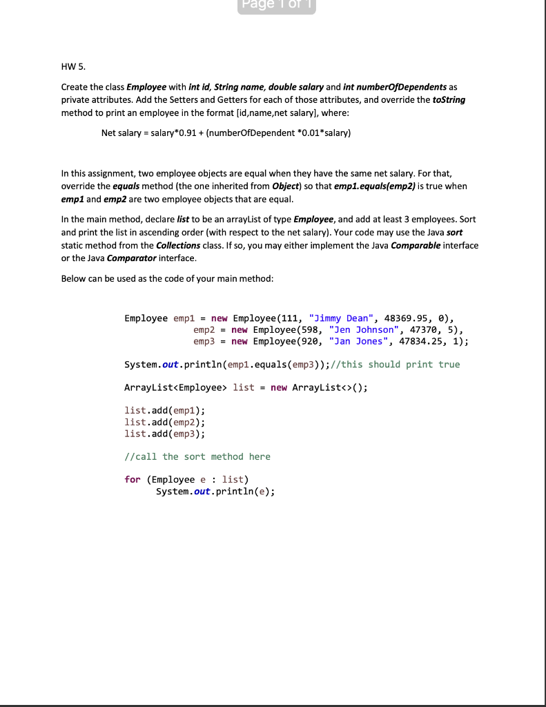 Solved Page 1 OT HW 5. Create the class Employee with int | Chegg.com