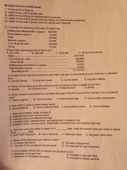 Solved Multiple Choice (1 point each) 1. Gross profit is | Chegg.com