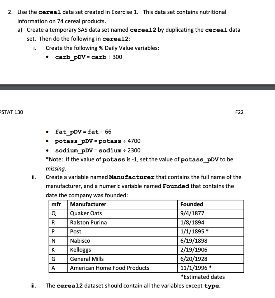 2. Use the cereal data set created in Exercise 1. | Chegg.com