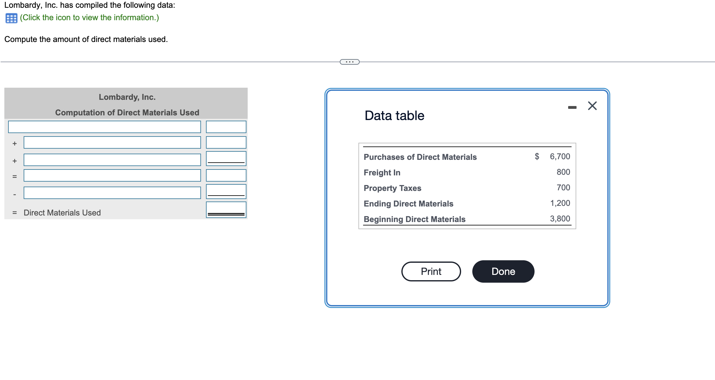 Solved Lombardy, Inc. has compiled the following data: | Chegg.com