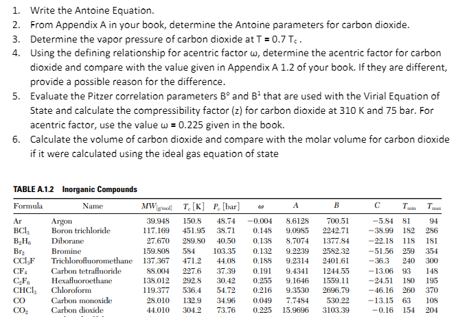 Solved 1. Write the Antoine Equation. 2. From Appendix A in | Chegg.com