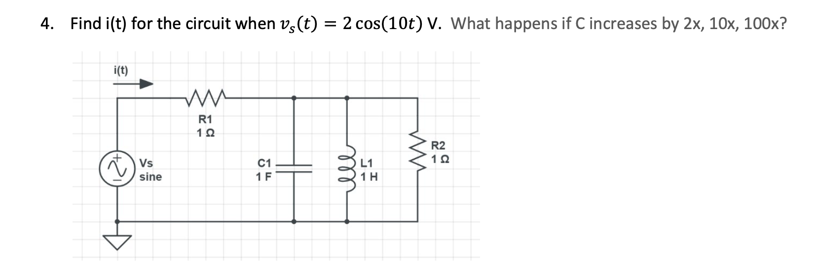 Solved 4. Find i(t) for the circuit when vs(t)=2cos(10t)V. | Chegg.com