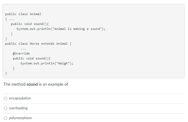 Solved public class Animal { ... public void sound({ | Chegg.com