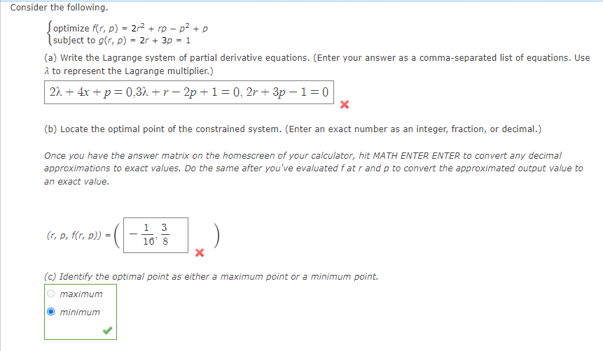 Solved Consider the following. ﻿optimize f(r,p)=2r2+rp-p2+p | Chegg.com