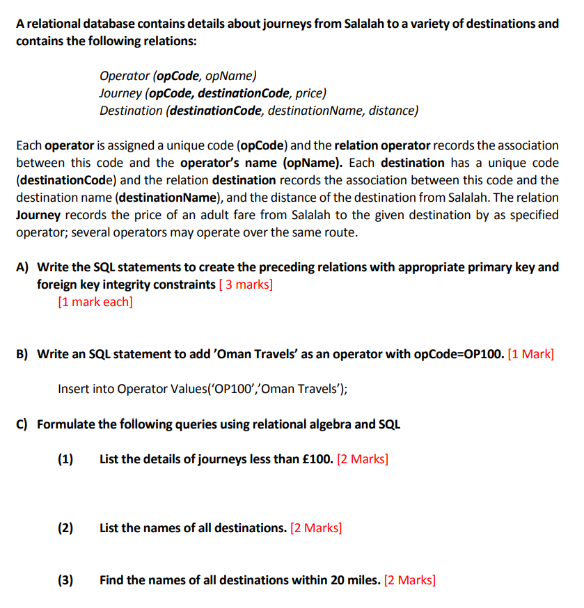 Solved A relational database contains details about journeys | Chegg.com