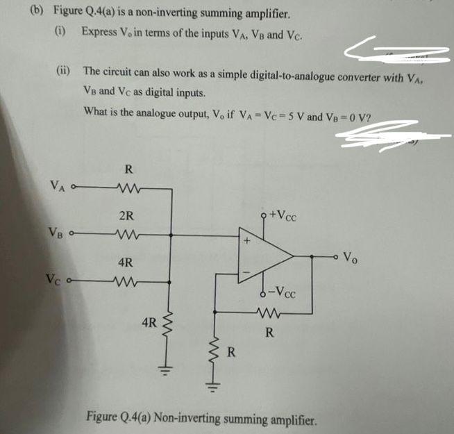 Solved (b) Figure Q.4(a) is a non-inverting summing | Chegg.com