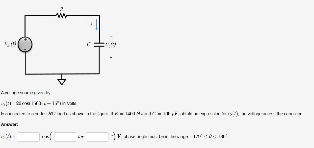Solved A voltage source given by vs(t)=20cos(1500πt+15∘) in | Chegg.com
