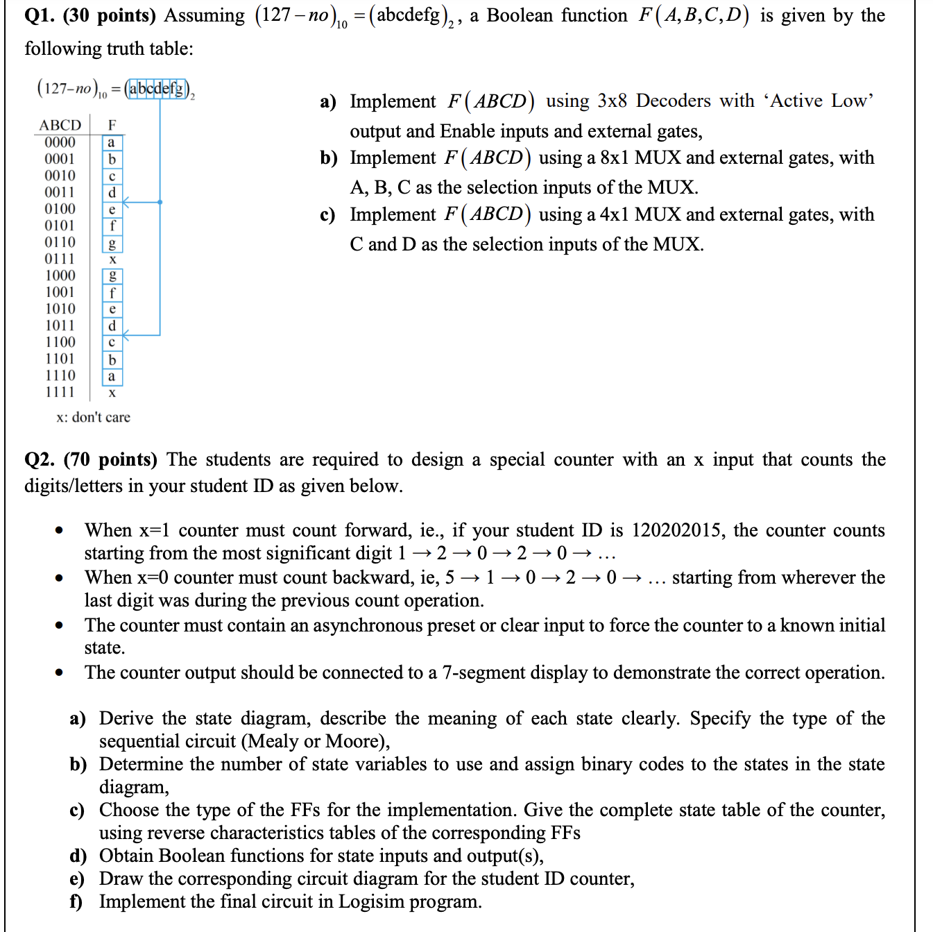 Solved Q1. (30 points) Assuming (127−no)10=(abcdefg)2, a | Chegg.com