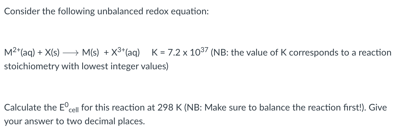 Solved Consider the following unbalanced redox equation: | Chegg.com