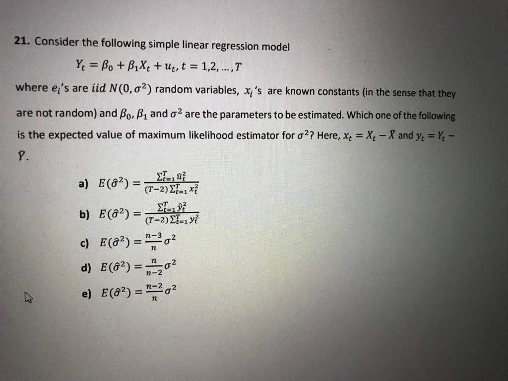 Solved 21. Consider the following simple linear regression | Chegg.com