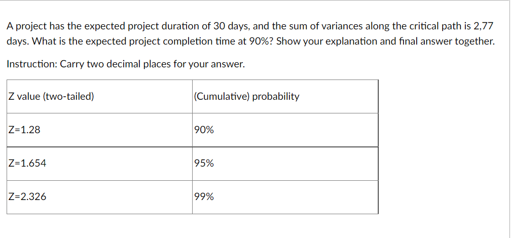 Solved A project has the expected project duration of 30 | Chegg.com