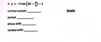 Solved y=-2tan(2θ-π4)-1vertical stretch:Graph:period:phase | Chegg.com