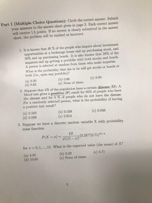 Solved Part I (Multiple Choice Questions): Circle the | Chegg.com