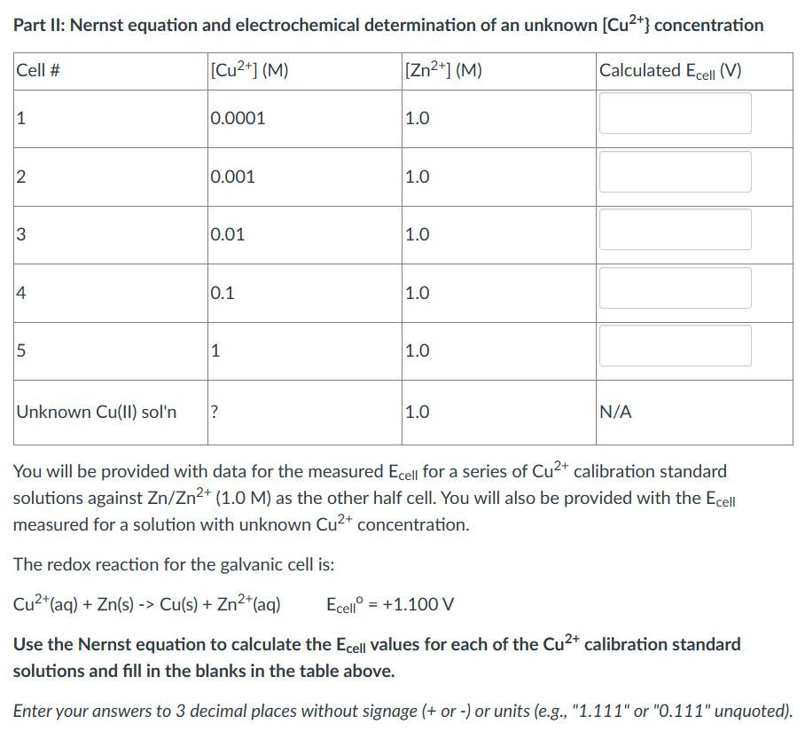 Solved Part II: Nernst equation and electrochemical | Chegg.com