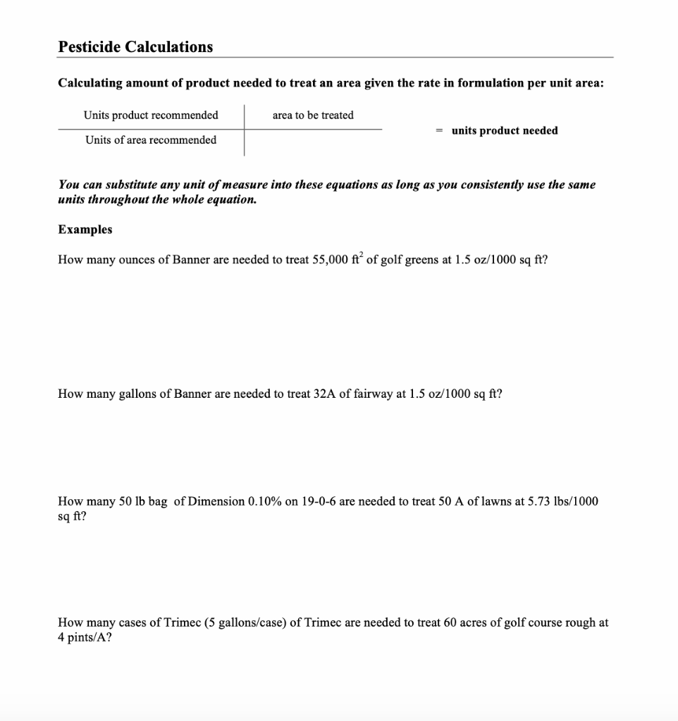 Solved Pesticide Calculations Calculating amount of product | Chegg.com