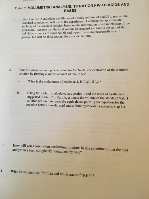 Solved Prelab 7. VOLUMETRIC ANALYSIS: TITRATIONS WITH ACIDS | Chegg.com