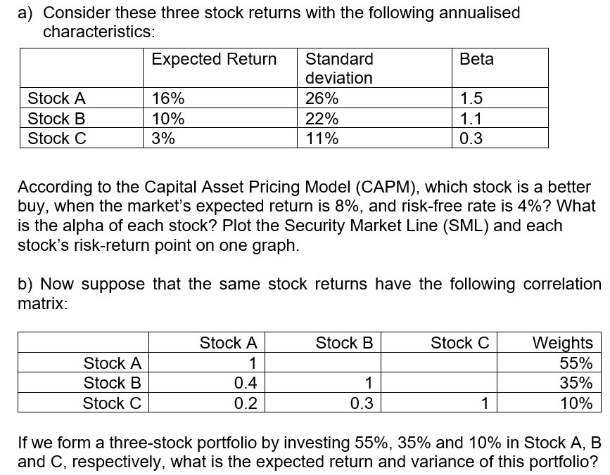 Solved a) ﻿Consider these three stock returns with the | Chegg.com