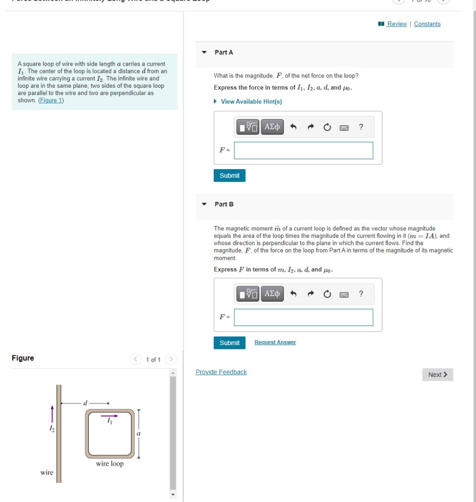 Solved A square loop of wire with side length a carries a | Chegg.com