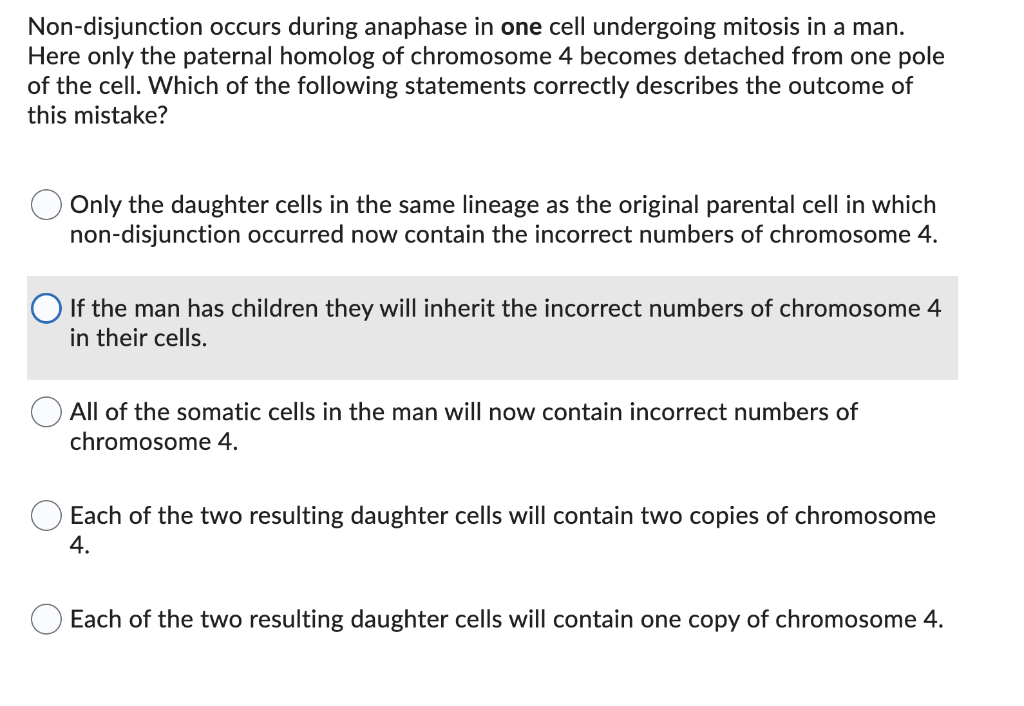 Solved Non-disjunction occurs during anaphase in one cell | Chegg.com