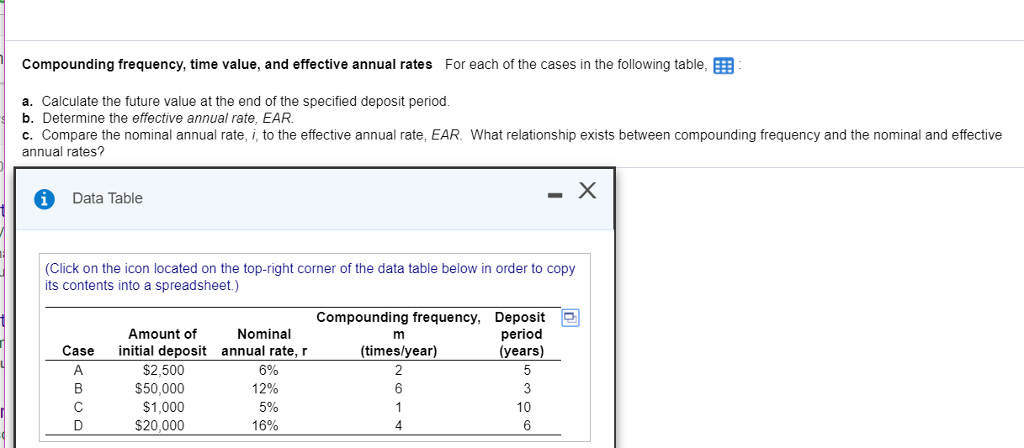 Solved Compounding frequency, time value, and effective | Chegg.com