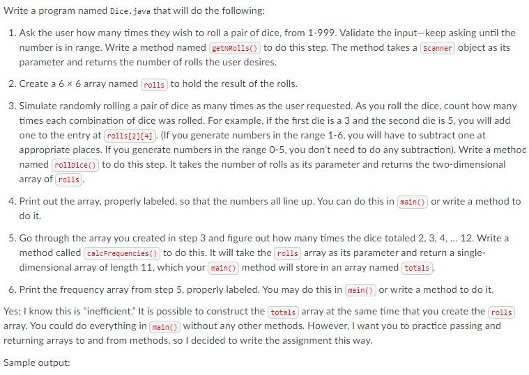 Solved Write a program named Dice.java that will do the | Chegg.com