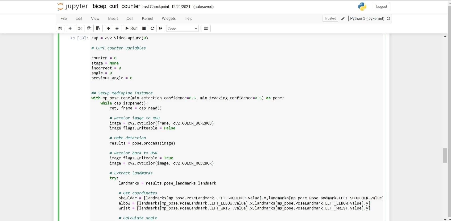 jupyter bicep_curl_counter Last Checkpoint: | Chegg.com