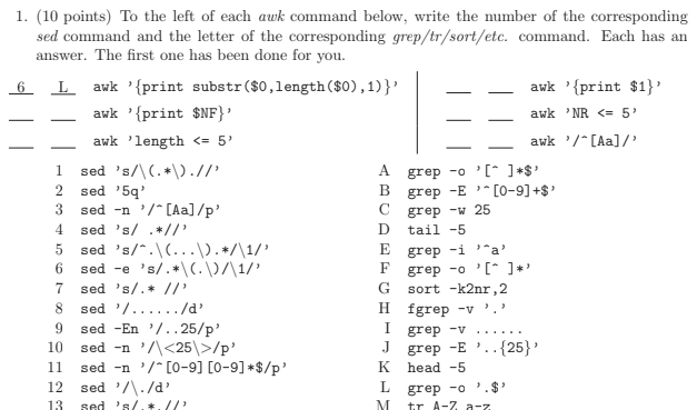 Solved 1. (10 points) To the left of each awk command below, | Chegg.com