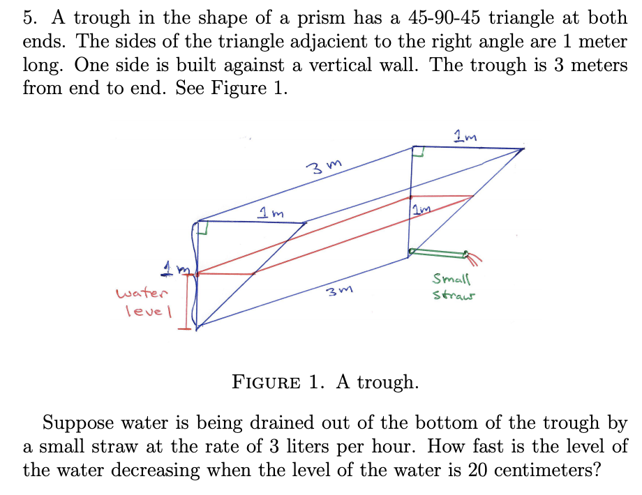 Solved 5. A trough in the shape of a prism has a 45-90-45 | Chegg.com