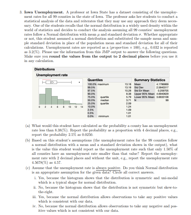 Solved 3. Iowa Unemployment. A professor at Iowa State has a | Chegg.com