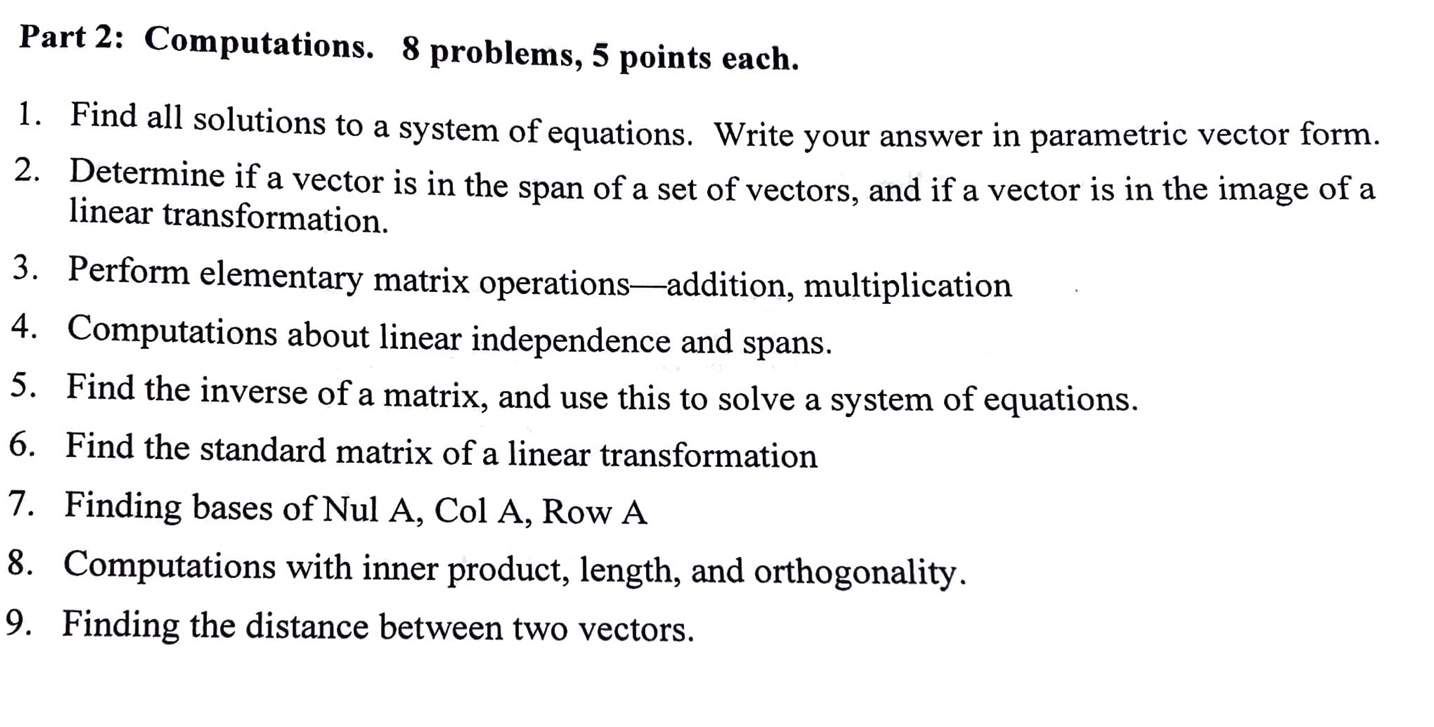 Part 2: Computations. 8 problems, 5 points each. 1. | Chegg.com