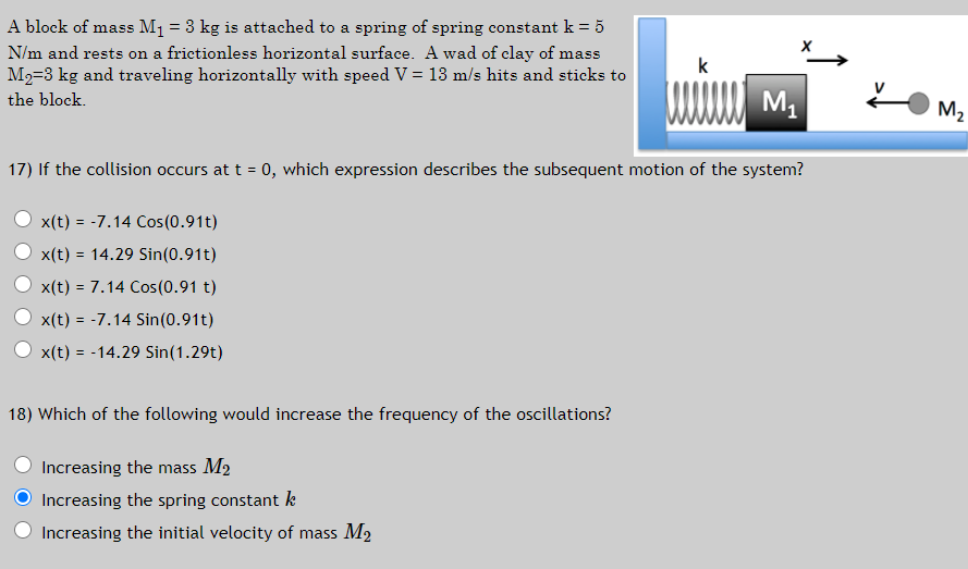 Solved X A block of mass M1 = 3 kg is attached to a spring | Chegg.com