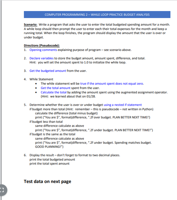 Solved COMPUTER PROGRAMMING 2 - WHILE LOOP PRACTICE BUDGET | Chegg.com
