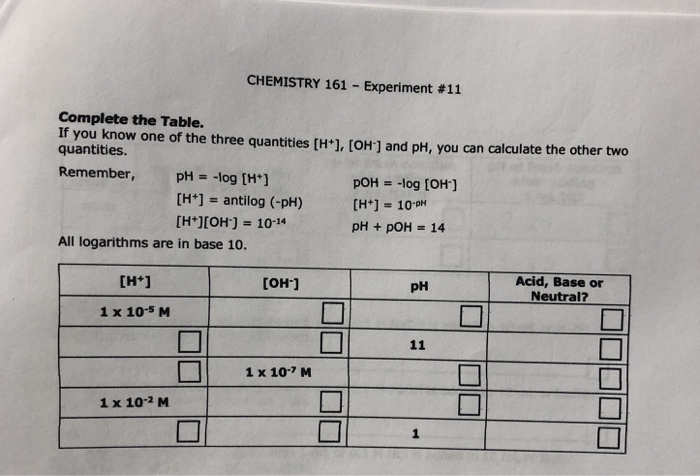 Solved CHEMISTRY 161-Experiment #11 Complete the Table. If | Chegg.com
