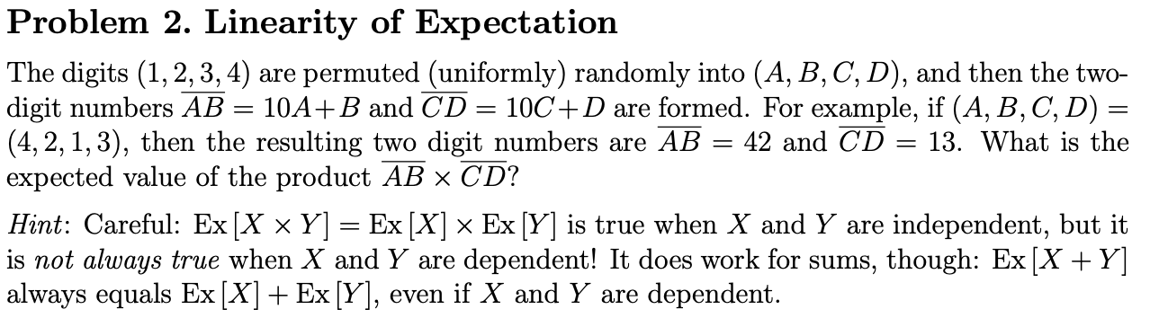 Problem 2. Linearity of Expectation The digits (1, 2, | Chegg.com