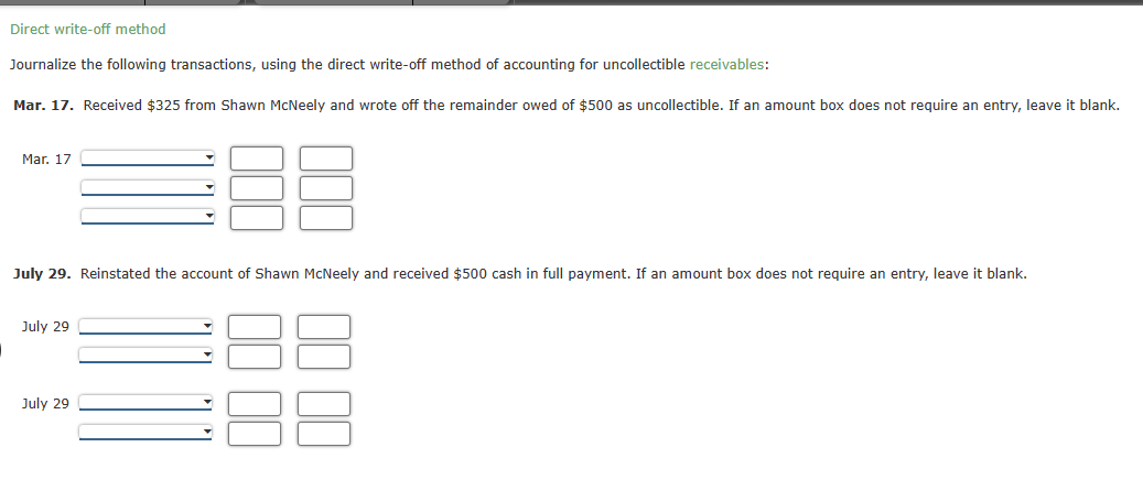Solved Direct write-off method Journalize the following | Chegg.com