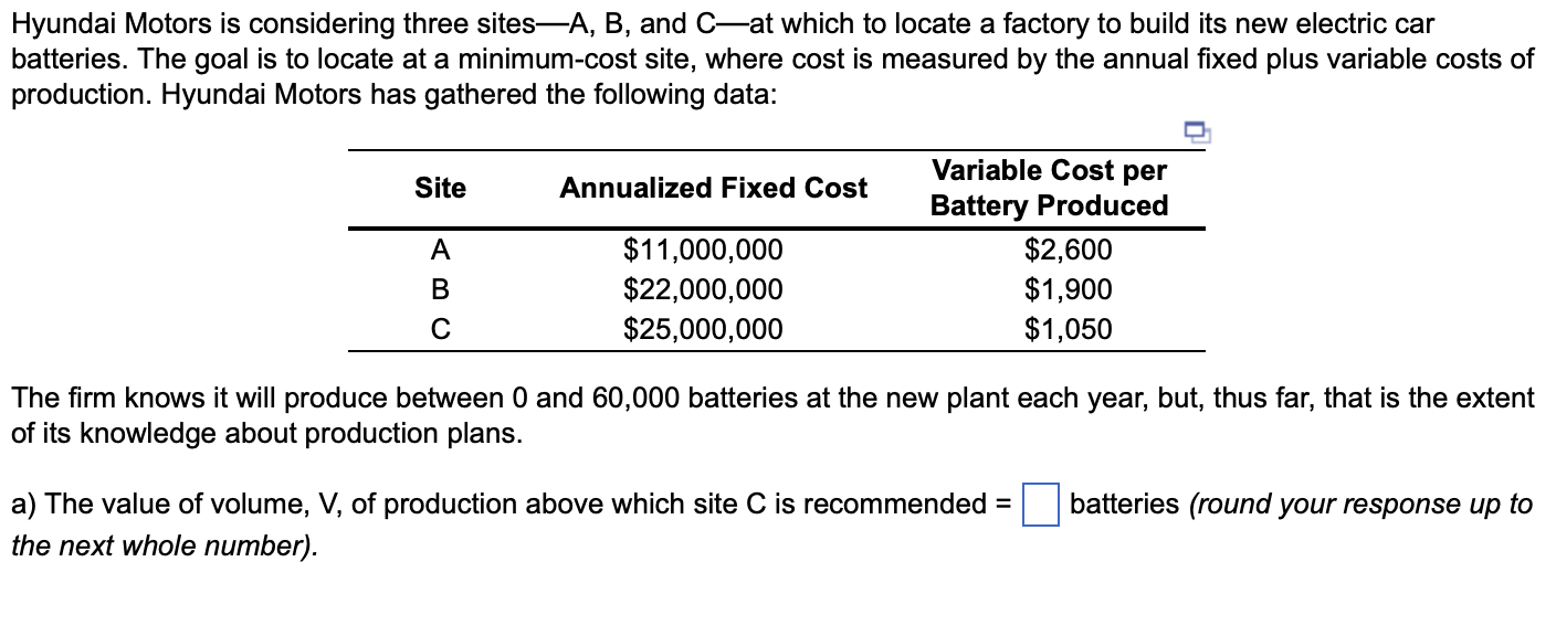 Solved Hyundai Motors is considering three sites-A, B, and | Chegg.com