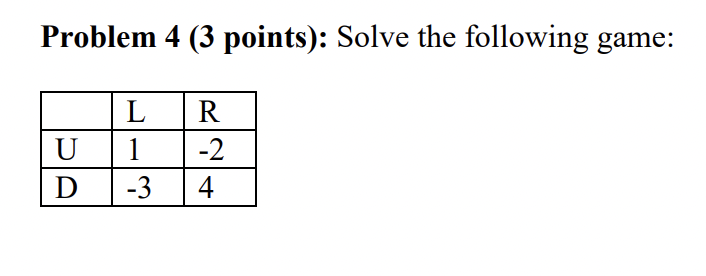 Solved Problem 4 ( 3 points): Solve the following game: | Chegg.com