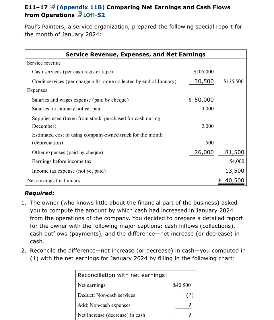 Solved E11-17 (Appendix 11B) Comparing Net Earnings and Cash | Chegg.com
