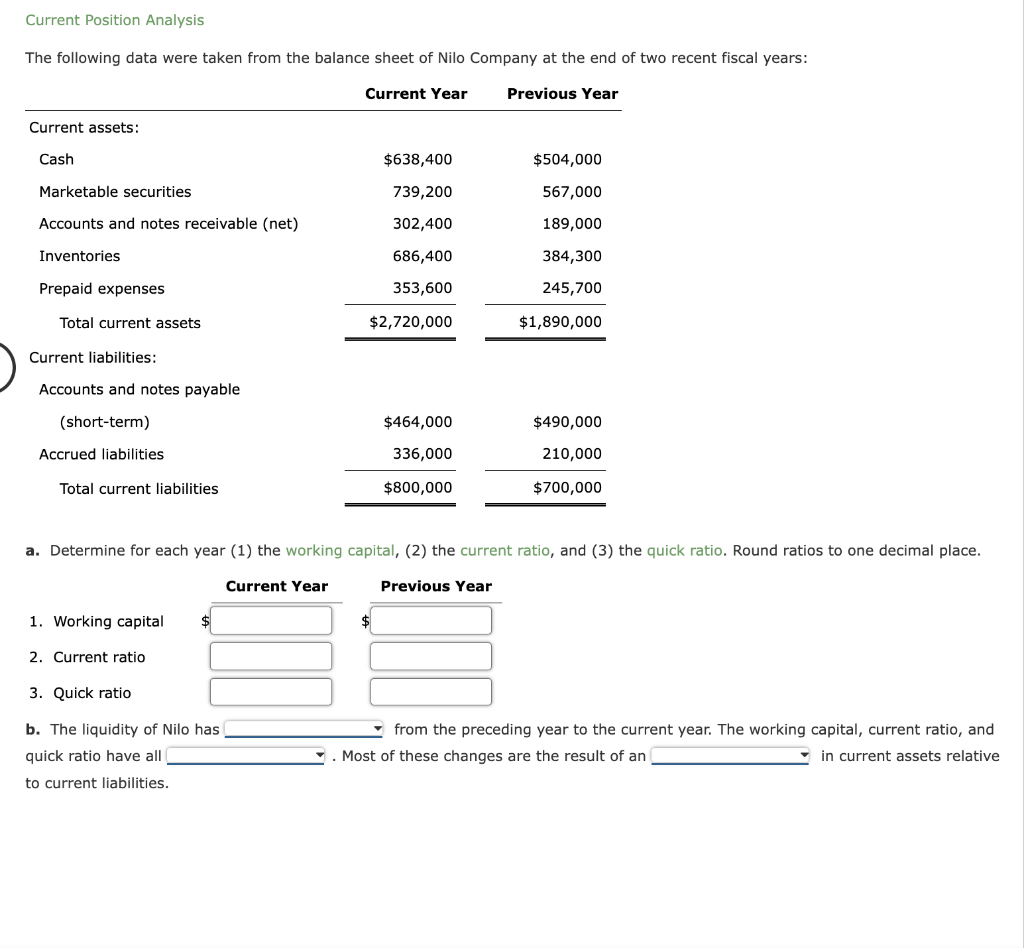 Solved Current Position Analysis The following data were | Chegg.com