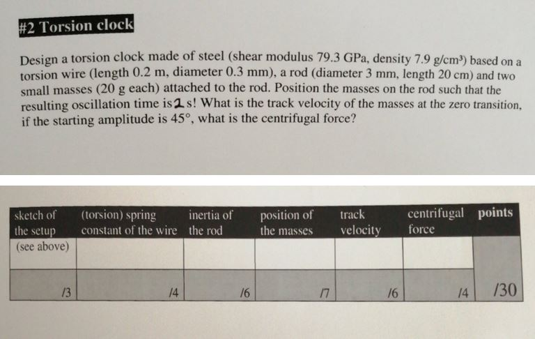 Solved #2 Torsion clock Design a torsion clock made of steel | Chegg.com