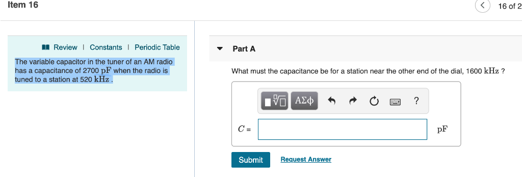 Solved The variable capacitor in the tuner of an AM radio | Chegg.com